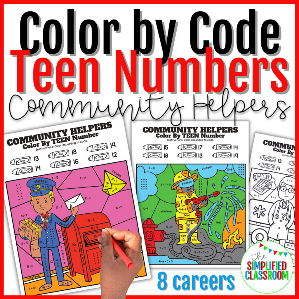 Community Helpers Color by Code Teen Numbers and Adding within 20 - The ...
