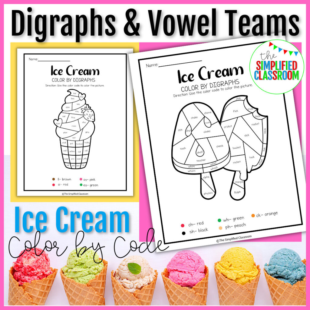 Color Code by Digraphs Vowel Teams Ice Cream Worksheets - The ...