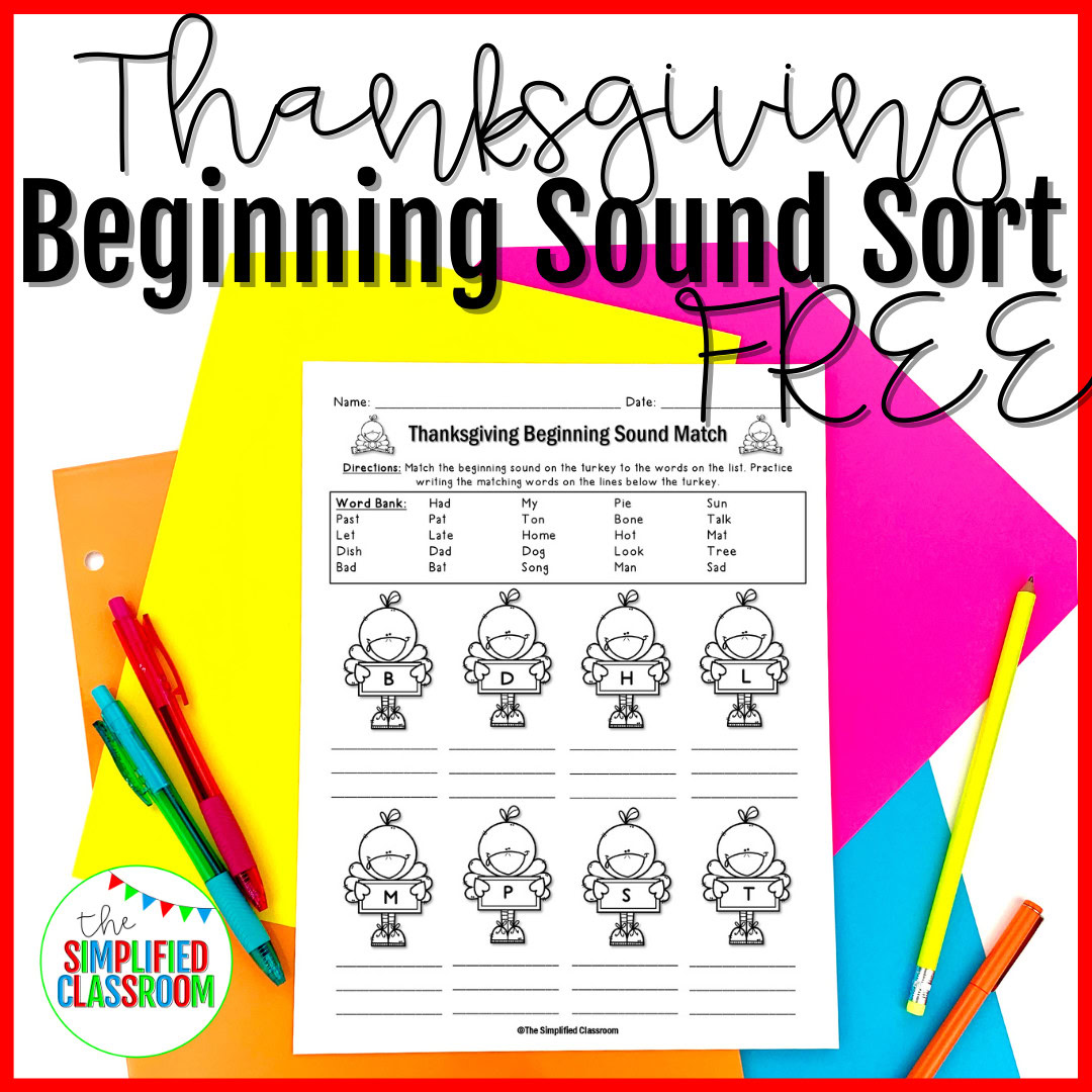 FREE Thanksgiving Beginning Sound Match Activity - The Simplified Classroom