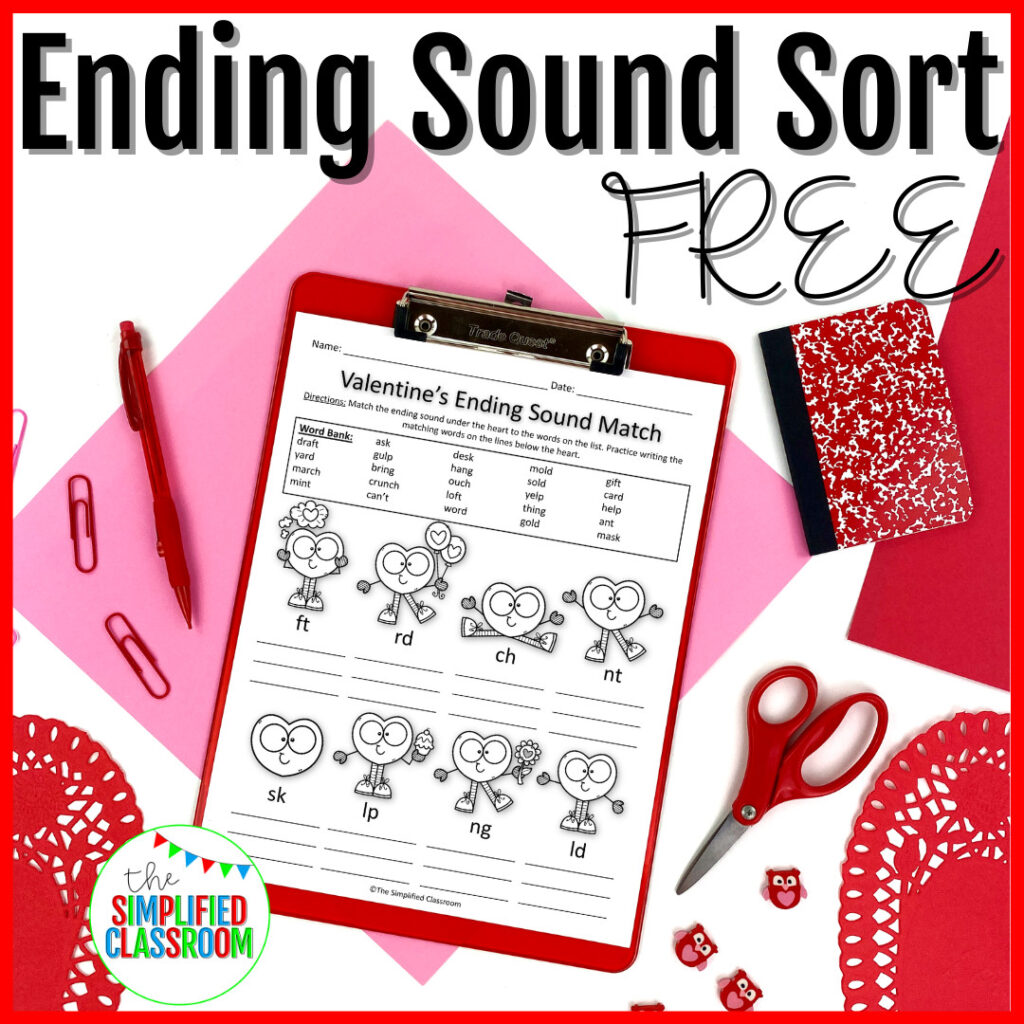 FREE Valentines Literacy Worksheet Ending Sounds Sort - The Simplified ...