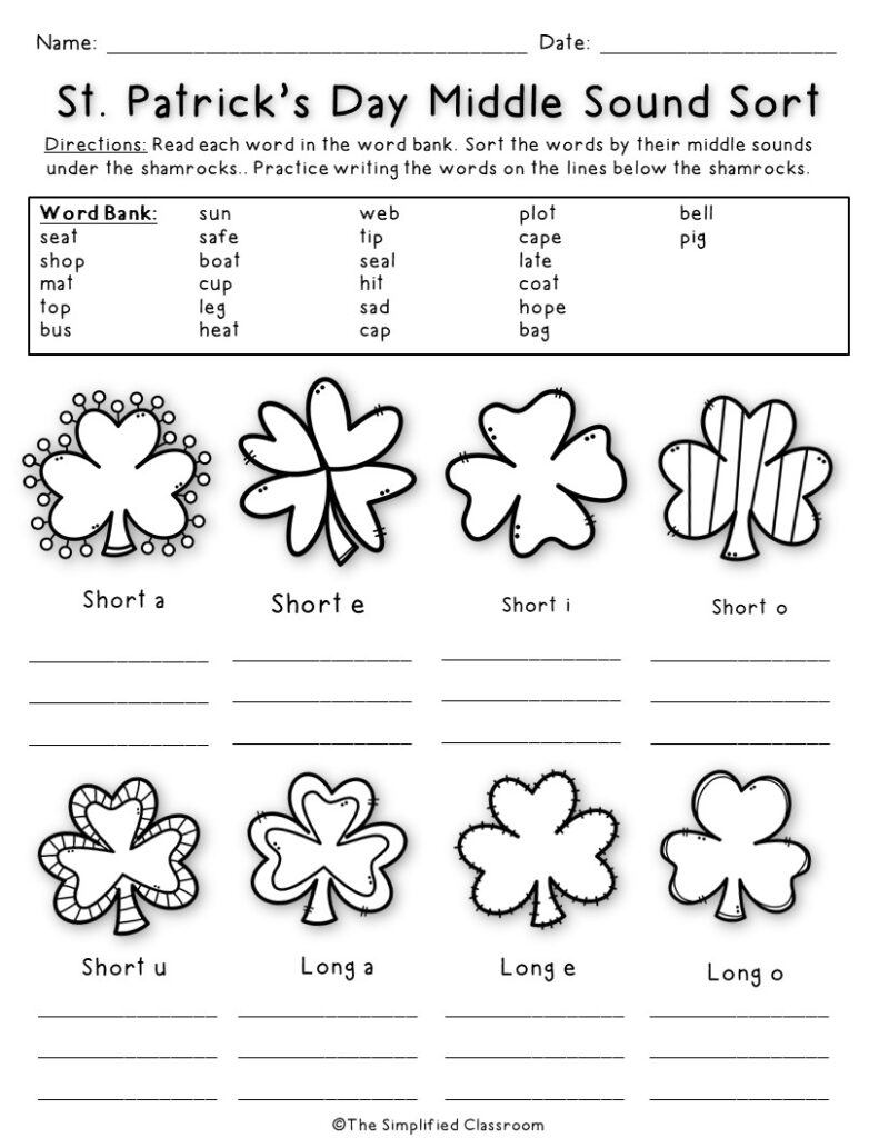 FREE St Patricks Day Long and Short Vowel Sounds Sort Worksheet - The ...