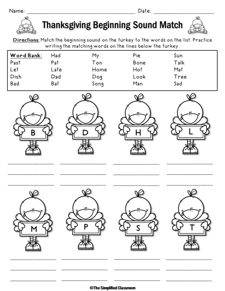FREE Thanksgiving Beginning Sound Match Activity - The Simplified Classroom