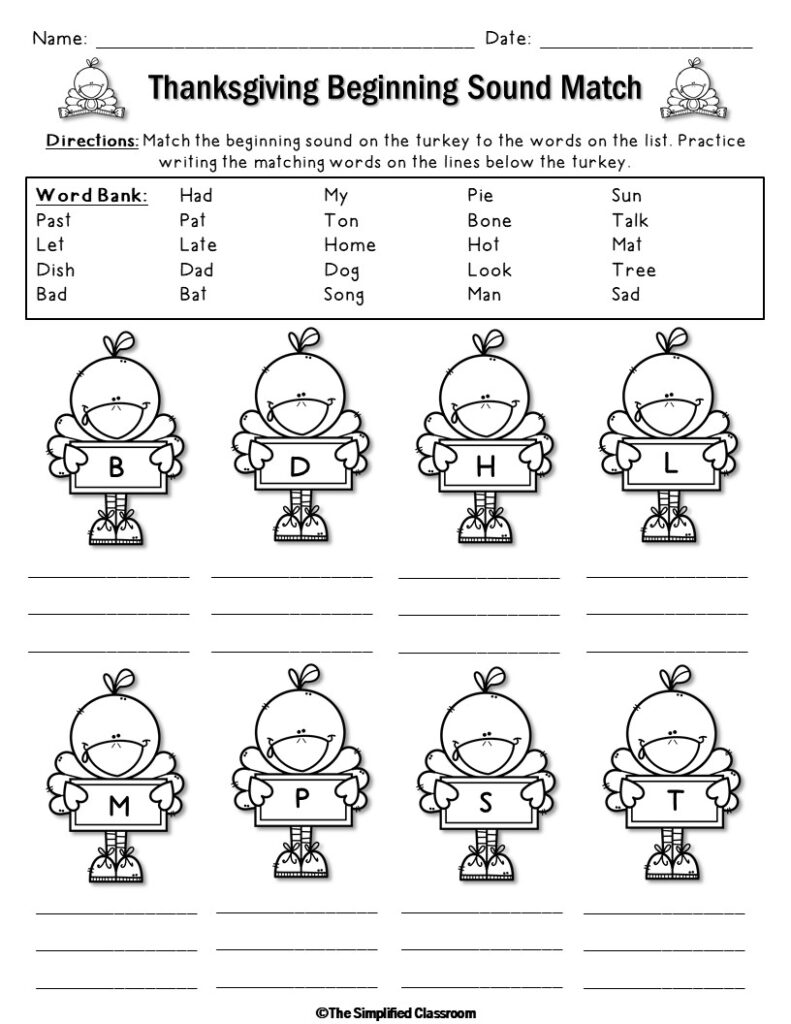 FREE Thanksgiving Beginning Sound Match Activity - The Simplified Classroom
