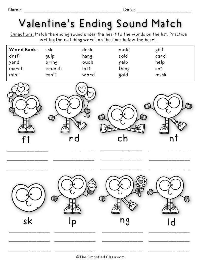 FREE Valentines Literacy Worksheet Ending Sounds Sort - The Simplified ...