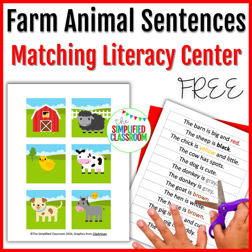 FREE Farm Animal Matching Sentences to Picture Literacy Center - The ...