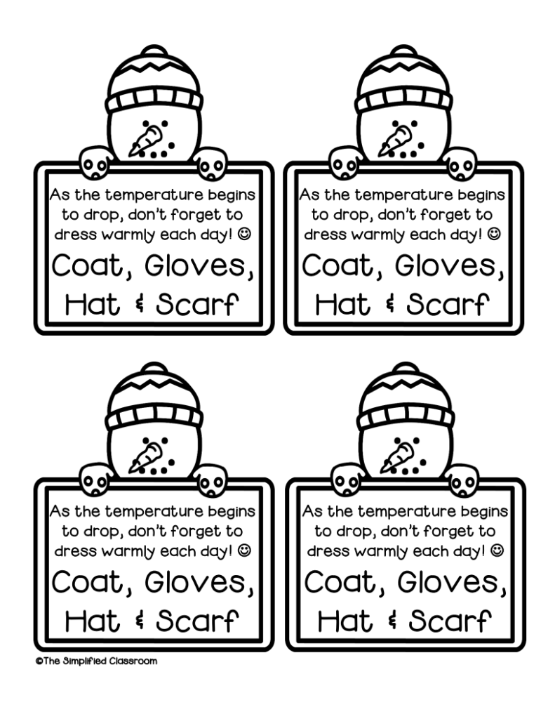 FREE Reminder Notes to Parents to Dress Warmly and send in Coat Gloves ...