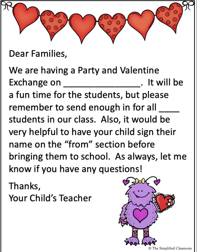 Editable Valentines Day Party Letter Home to Families and Parents for ...