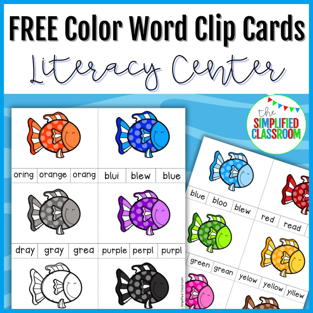 FREE Color Word Clip Cards Literacy Center - The Simplified Classroom