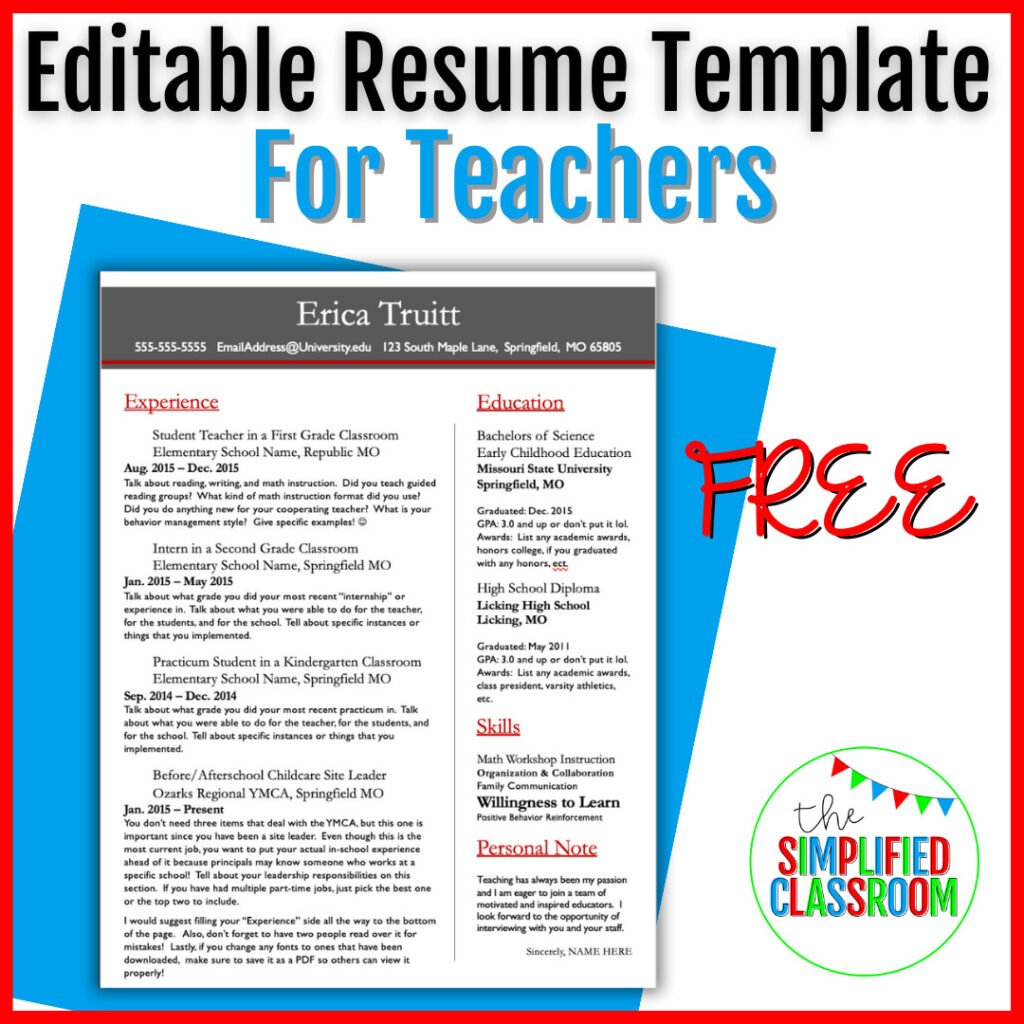 FREE Editable Resume Template for Teachers - The Simplified Classroom