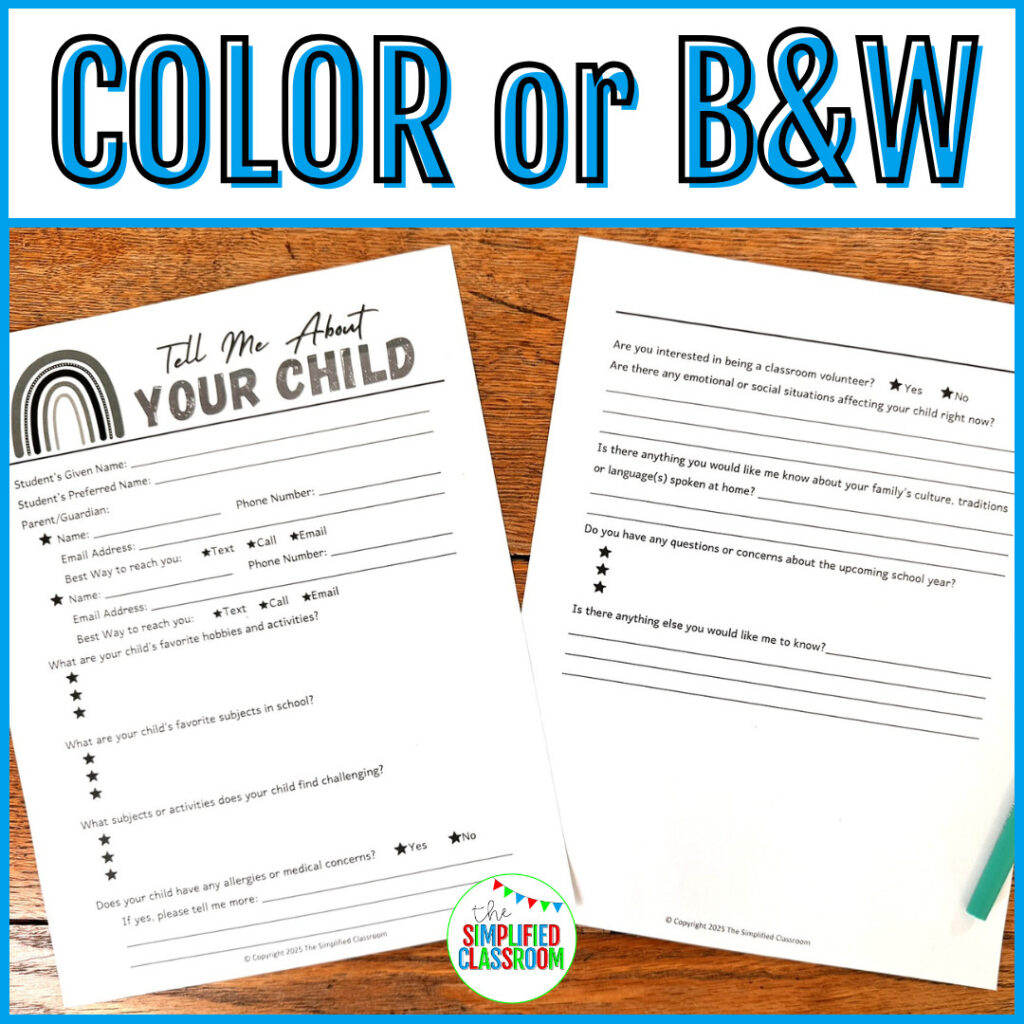 Tell Me About Your Child Parent Form - Back to School Night Parent ...